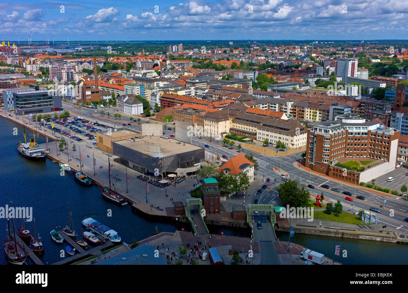 panoramic view from the harbours over the Auswandererhaus at the sea of ...