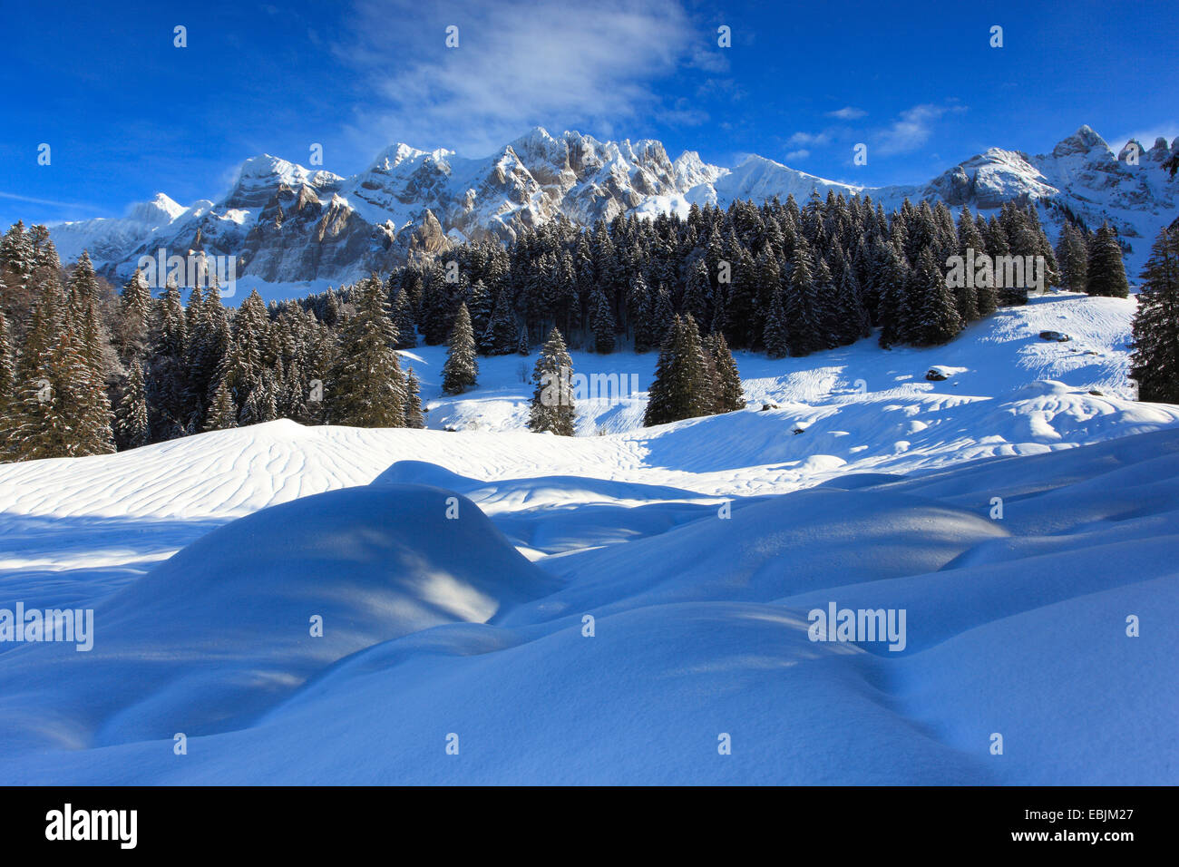 view over the snow-covered Alpstein massif, Switzerland, Appenzell ...