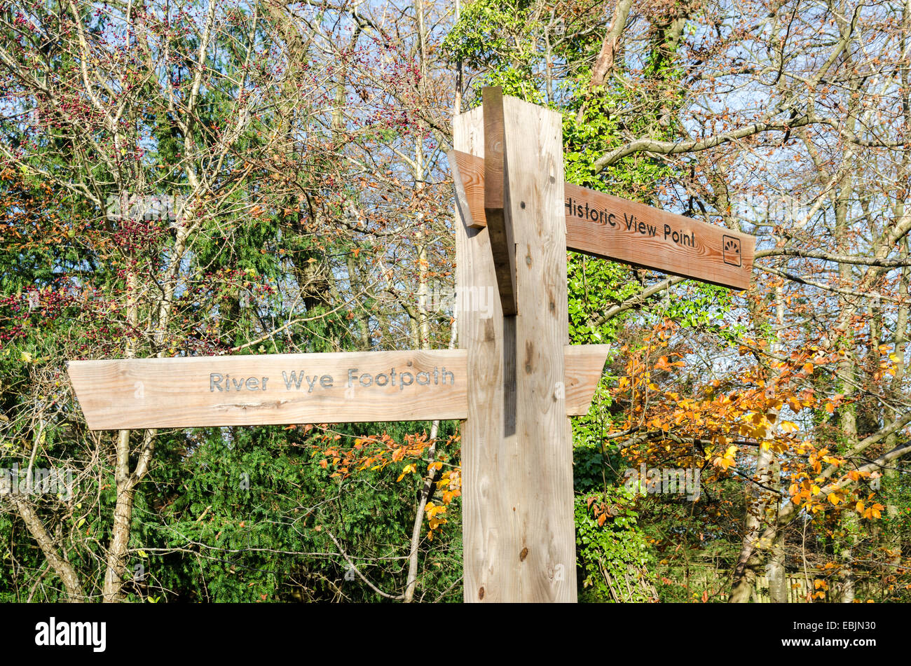 Wooden sign post at Symonds Yat Rock directing to historic view point ...