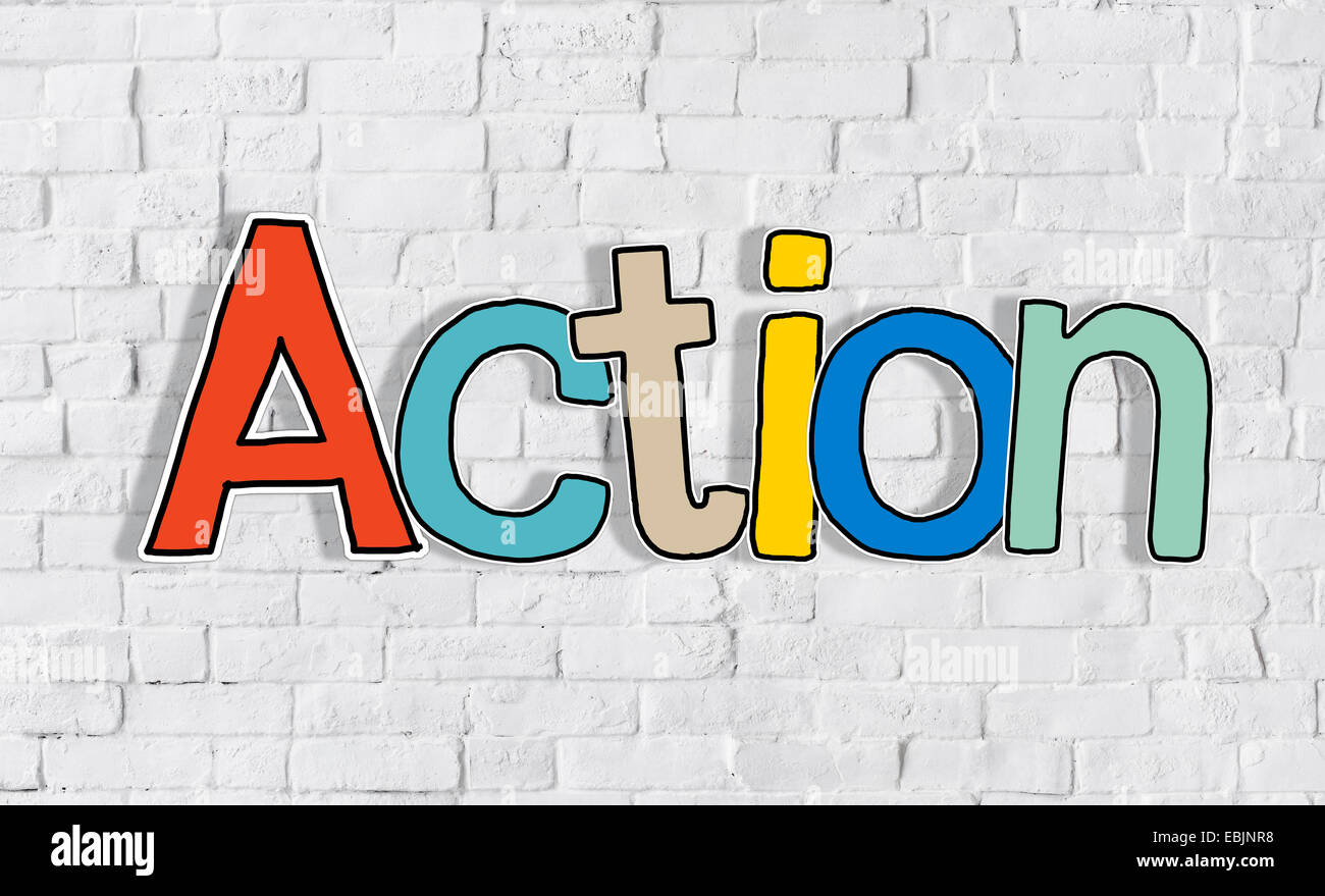 Action Word and Brick Wall in Background Stock Photo - Alamy
