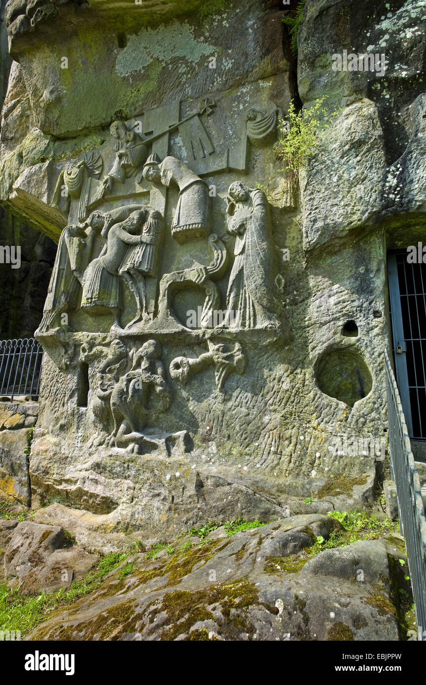Externsteine relief of the descent from the cross, Germany, North Rhine ...