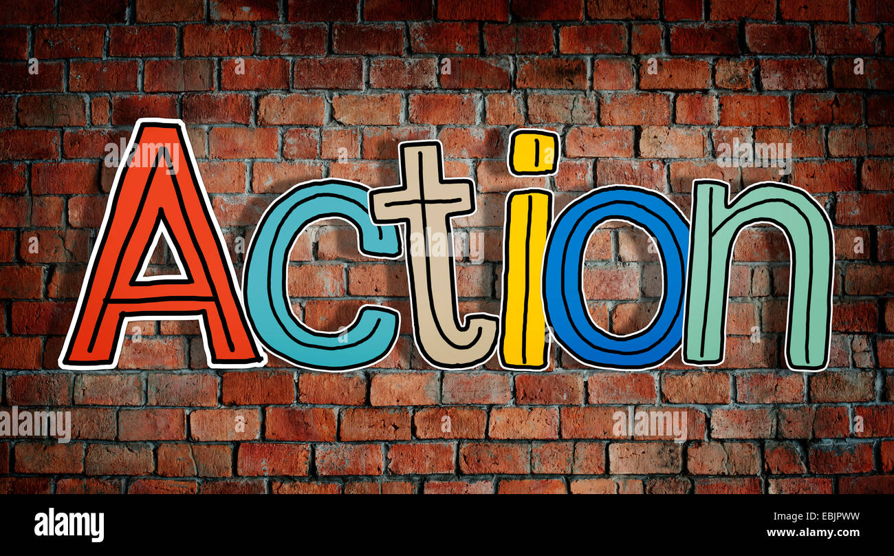 Action Word and Brick Wall in Background Stock Photo - Alamy