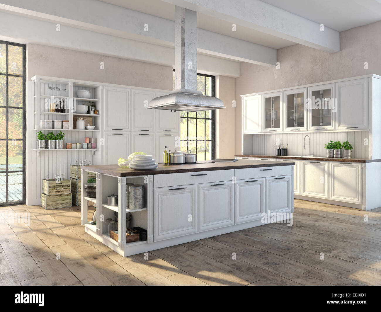 Luxurious kitchen with stainless steel appliances. 3d rendering Stock ...