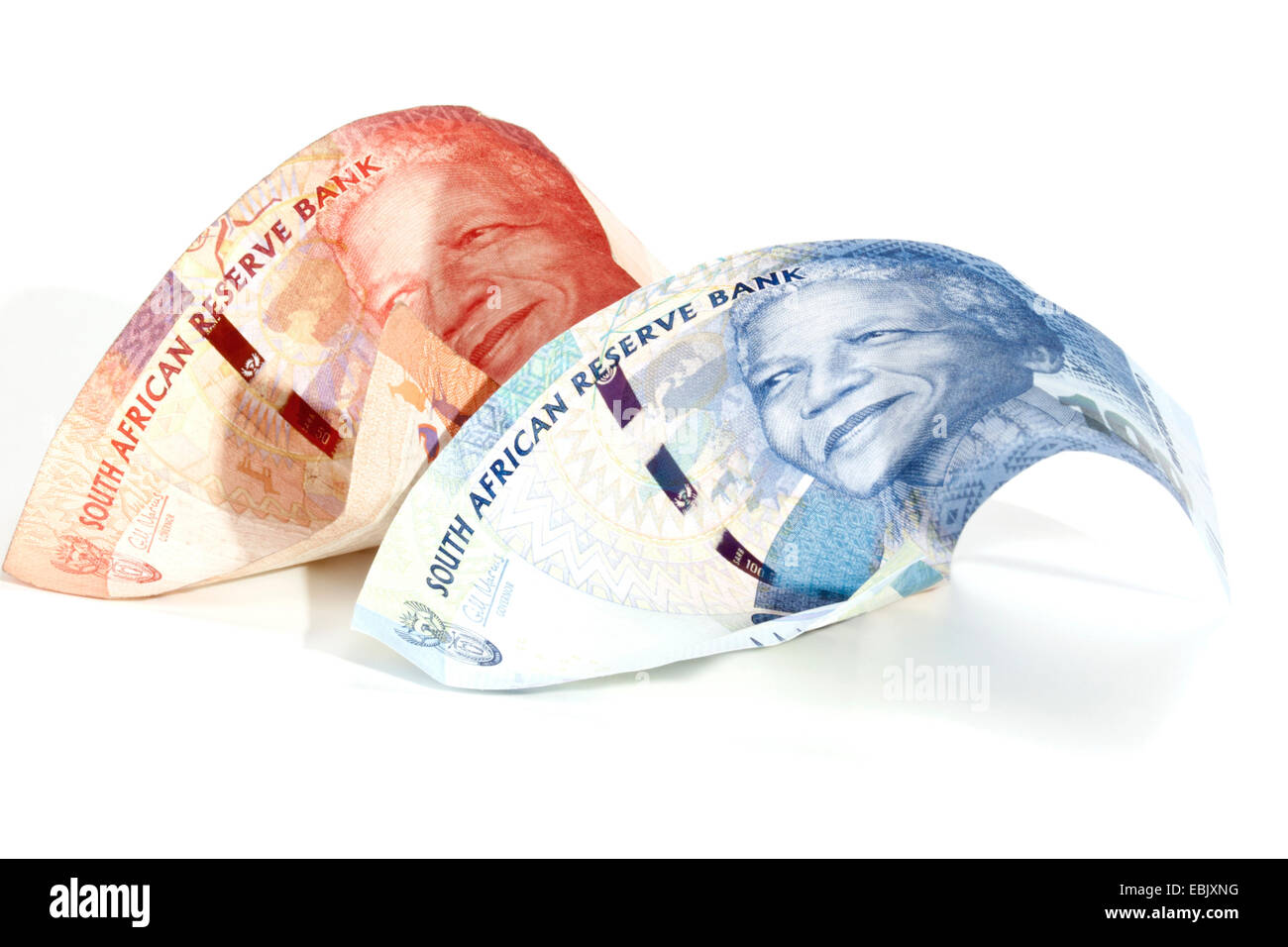 Two Semi Rolled South Africa Bank Notes showing the face of Nelson ...