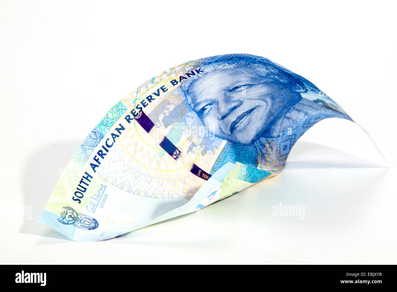 Blue South African rand bank Note on white showing the face of Nelson ...