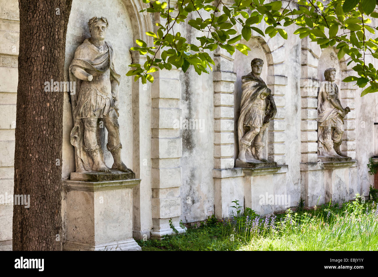 Statues of Roman emperors line the walls In the grounds of the Palazzo ...