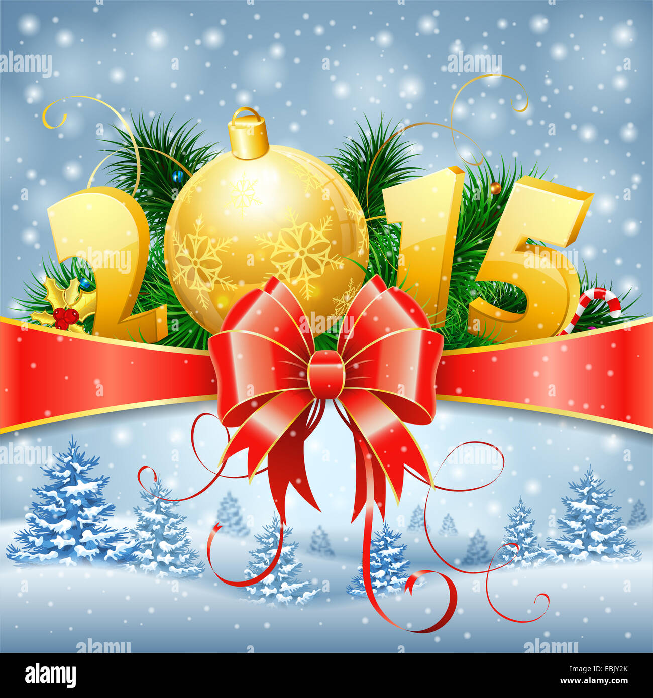 New Year Background with Fir Branches, Bauble, Streamer, Bow and ...