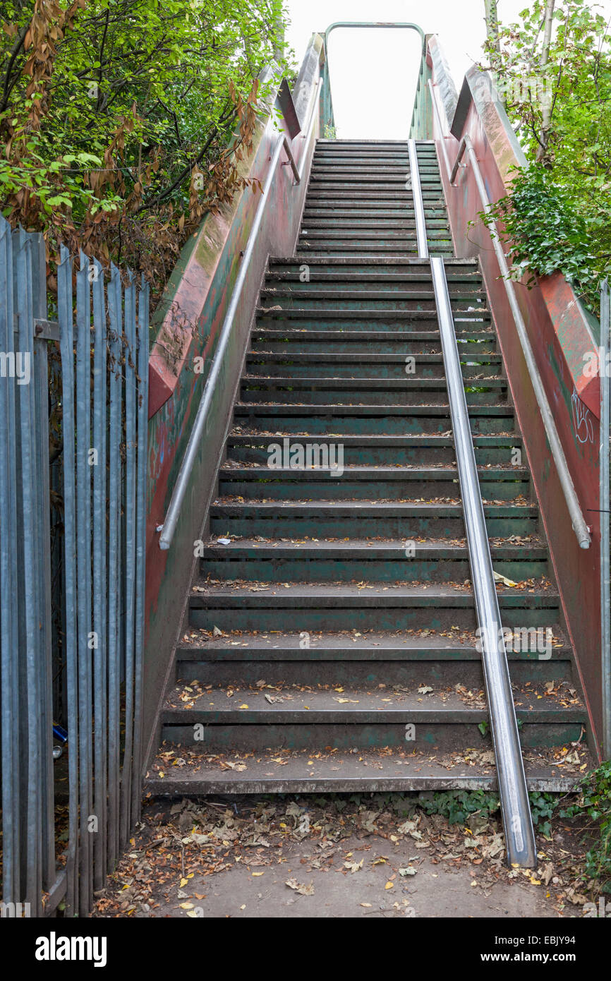 Pedestrian bridge with a bicycle wheeling ramp over the steps to aid ...