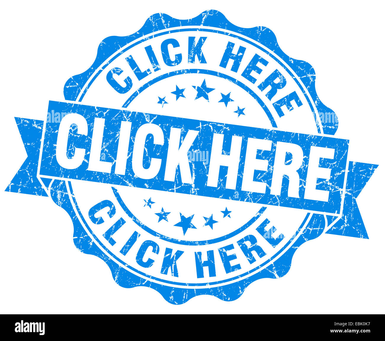 Click here blue vintage seal isolated on white Stock Photo - Alamy