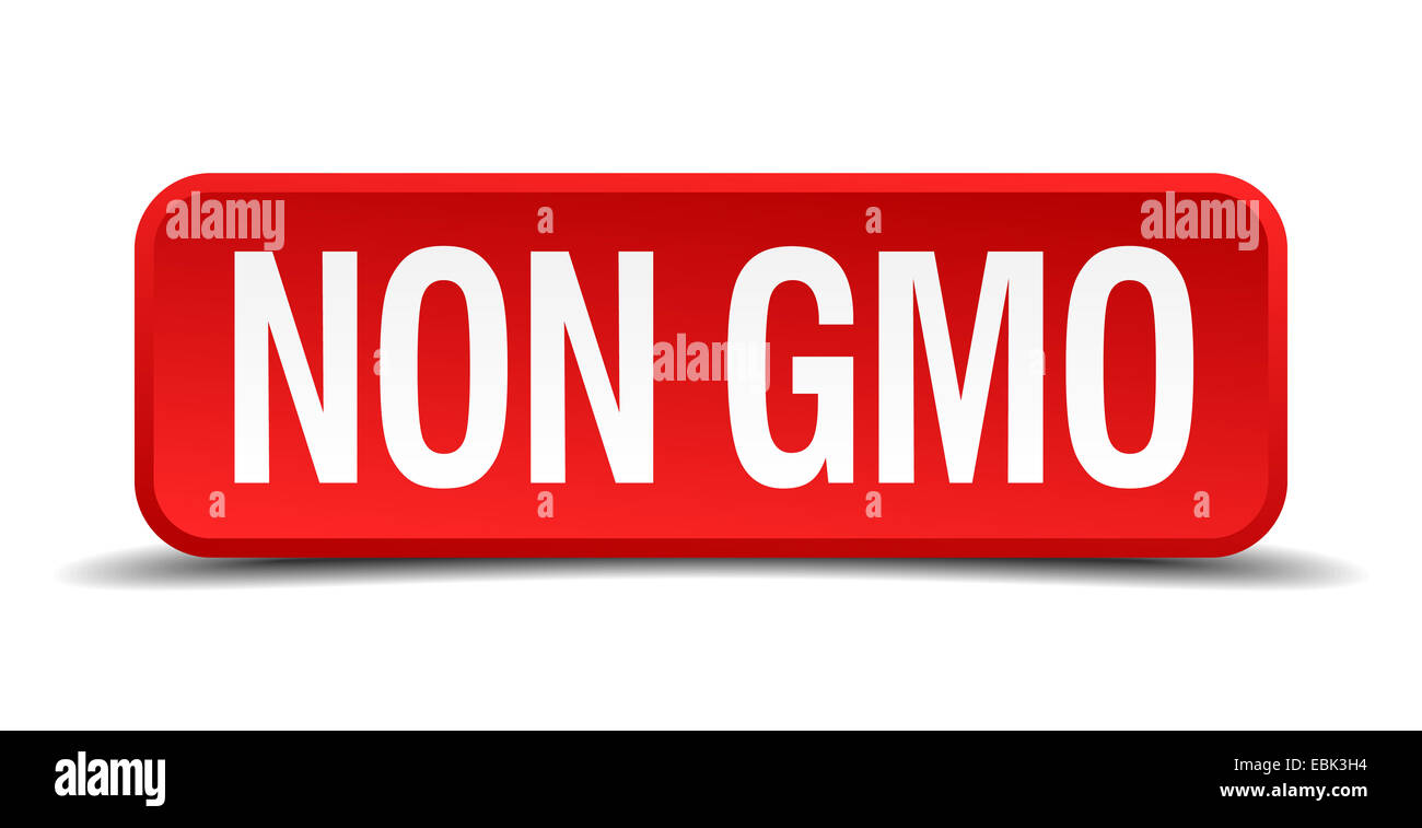 Non gmo red 3d square button isolated on white Stock Photo - Alamy