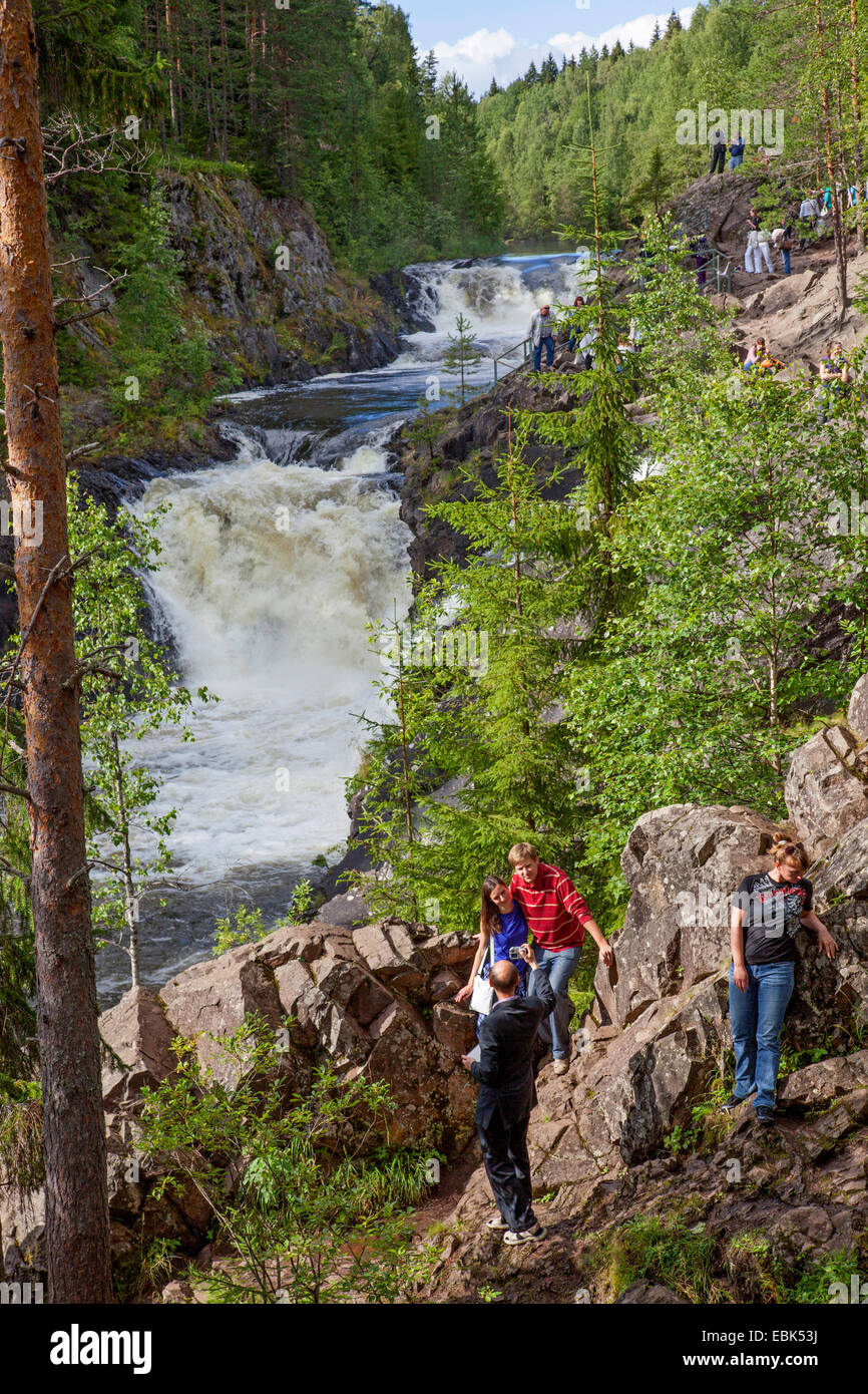 visitors at Kivach Waterfall on river Suna, Russia, Karelien ...