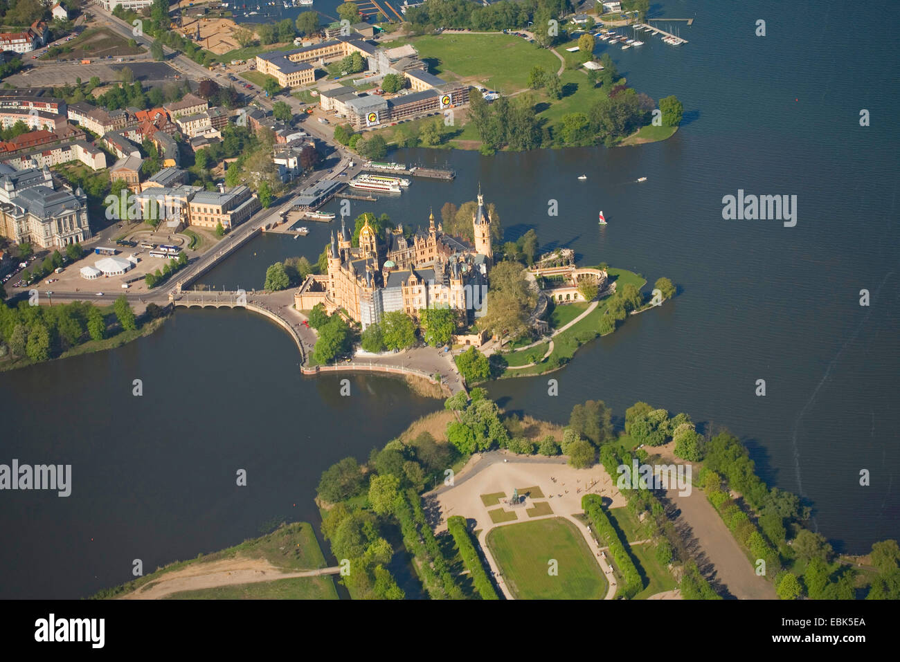 aerial view of Schwerin castle in Schwerin Lake, Germany, Mecklenburg ...