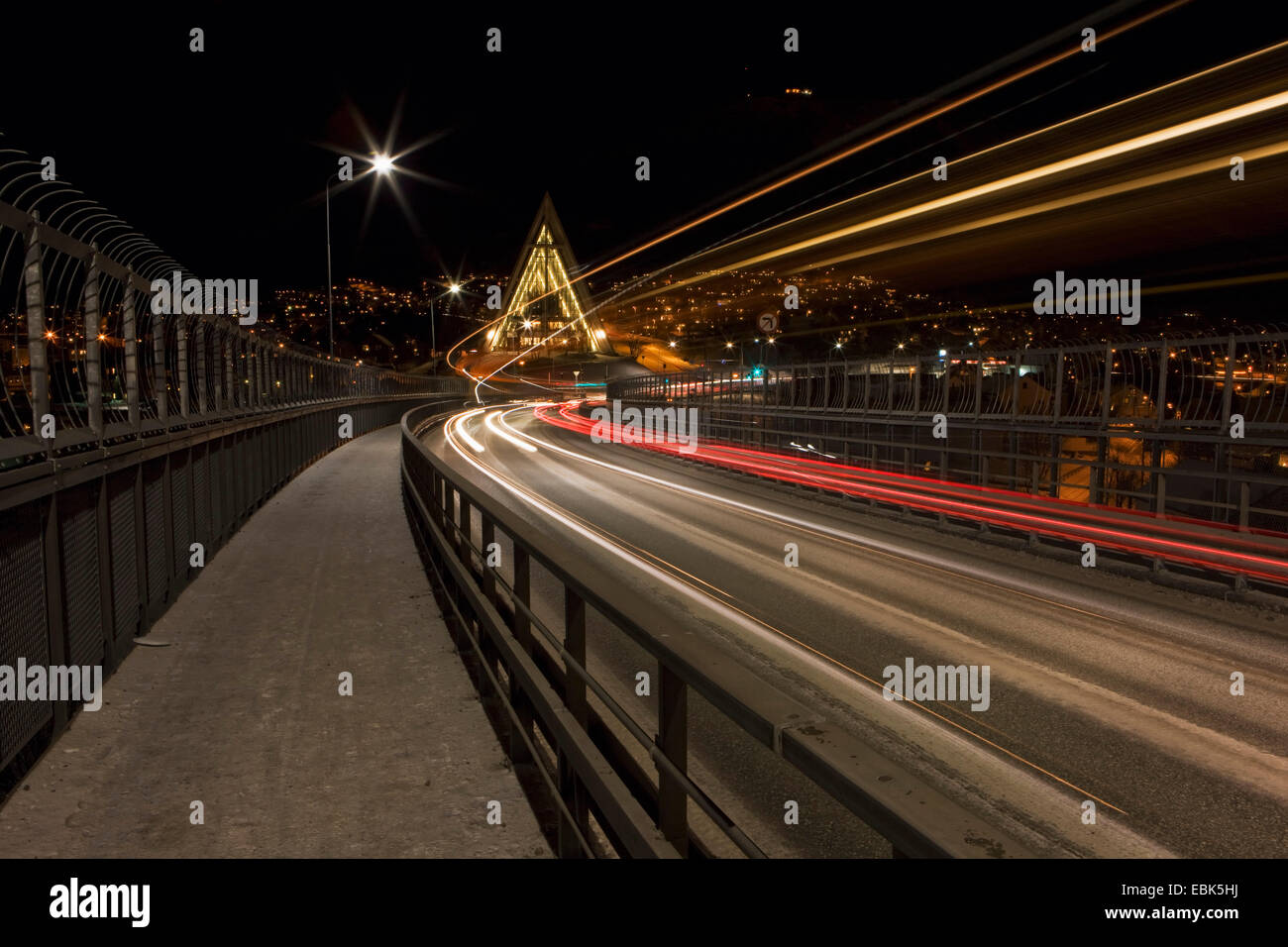 Tromsoe Bridge and Arctic Chapel at night, Norway, Tromsoe Stock Photo ...