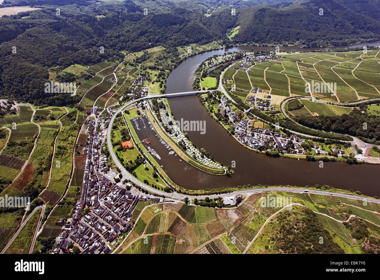 aerial view to Moselle river bend at Senheim, Senhals and Nehren ...