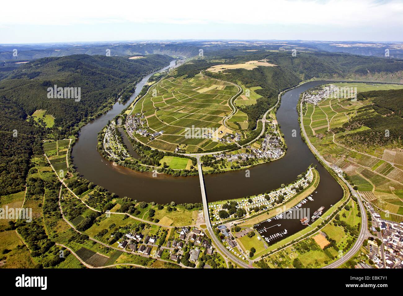 aerial view to Moselle river bend at Senheim, Senhals and Nehren ...