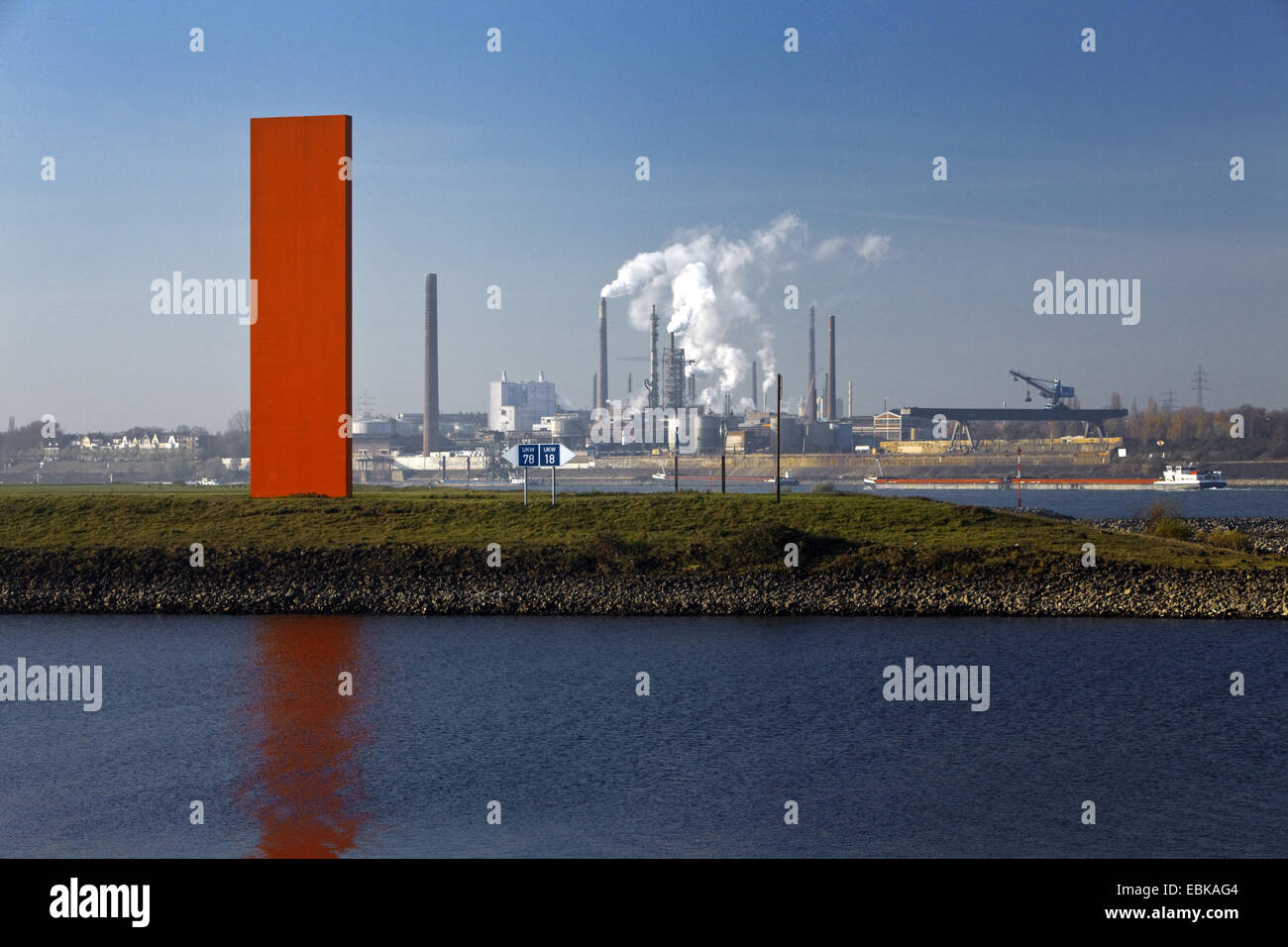 sculpture Rheinorange at Ruhr river mouth in Rhine river, Germany ...