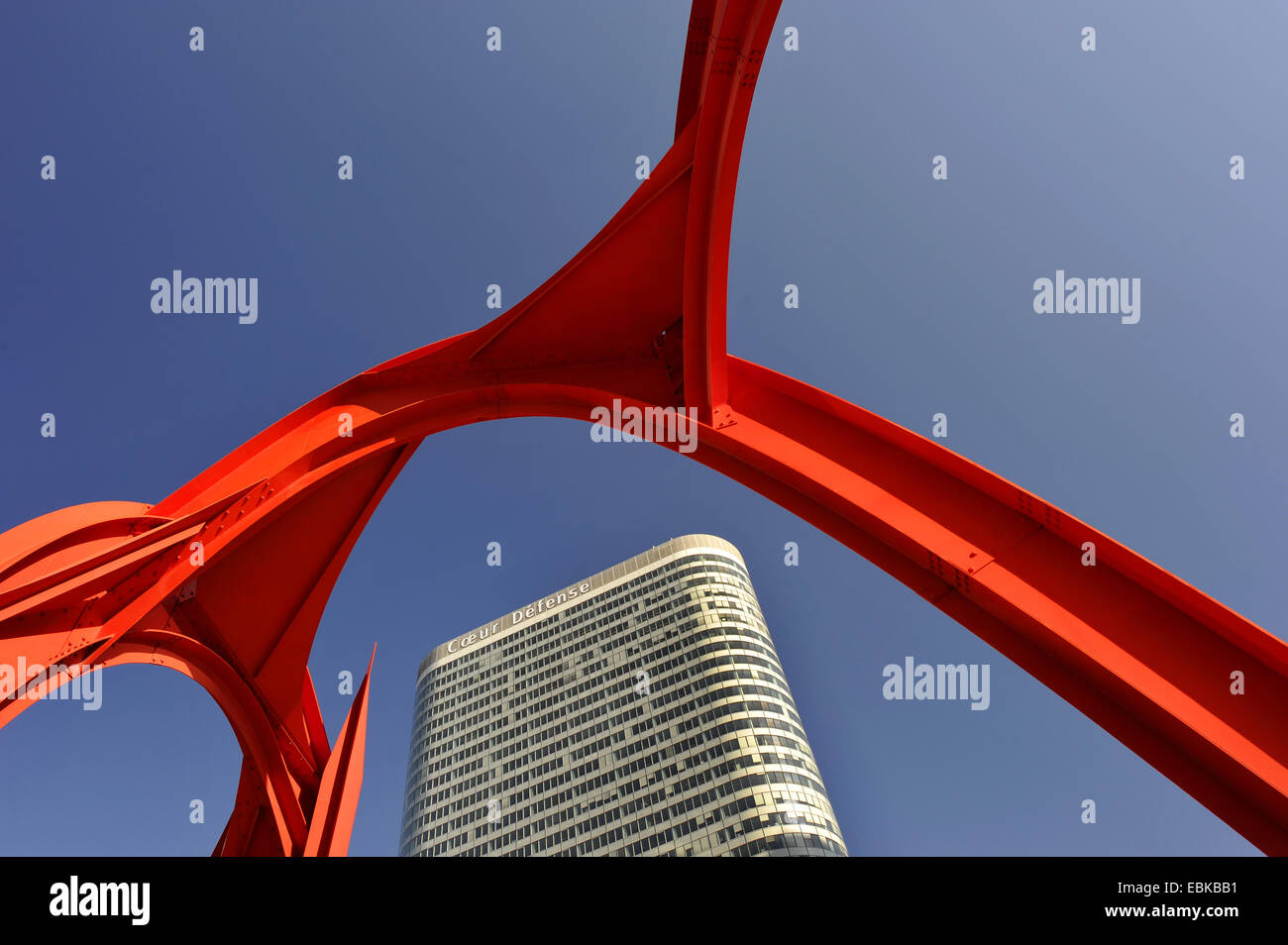 view through a modern sculpture at high-rise office buildings, France ...