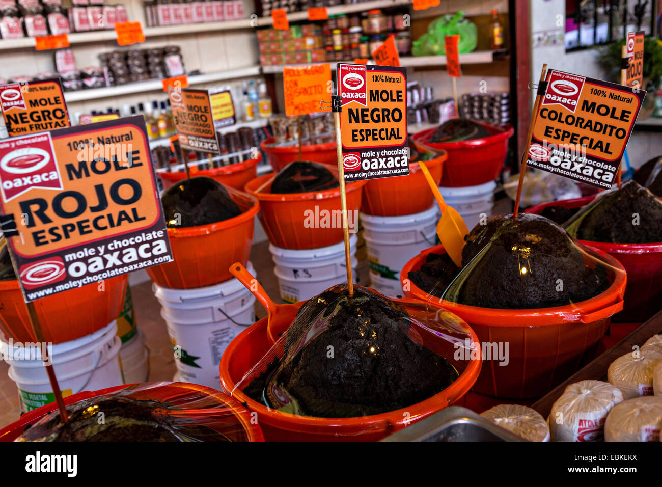 A shop stall at the 20 November Market selling mole sauces in Oaxaca ...