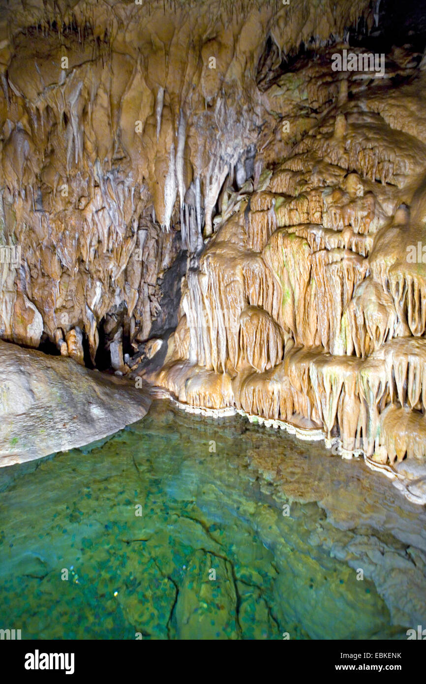 lime depositions and pond in dripstone cave, Germany, North Rhine ...