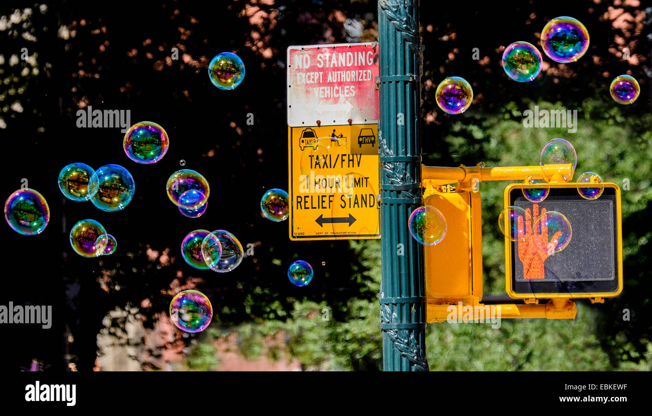 USA, New York State, New York City, Road sign with soap bubbles Stock ...