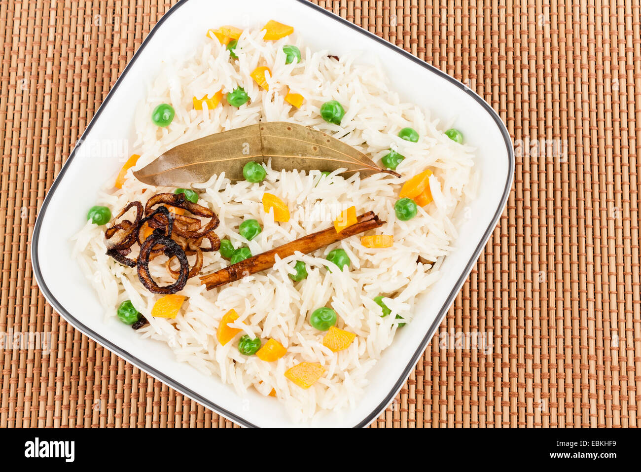 Closeup view from the top of delicious vegetable pulao garnished with ...