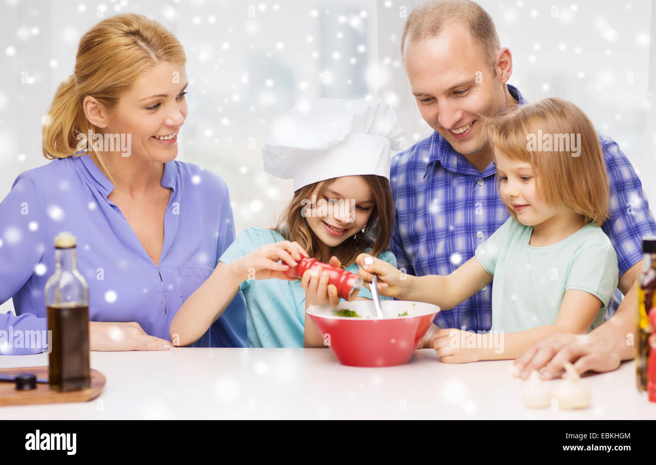 happy family with two kids making salad at home Stock Photo - Alamy