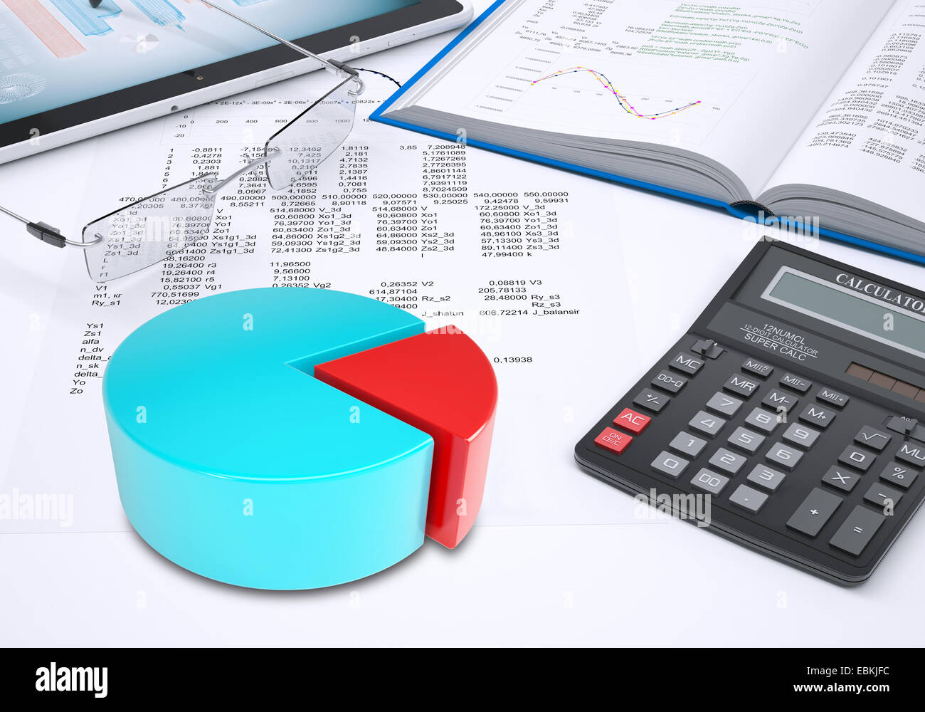 Pie chart, tablet pc, book, calculator, glasses, paper with columns of ...