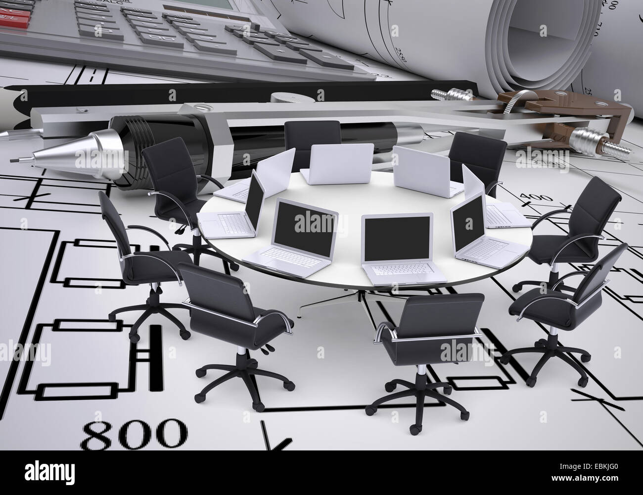 Round table, compasses, calculator and technical drawing Stock Photo ...