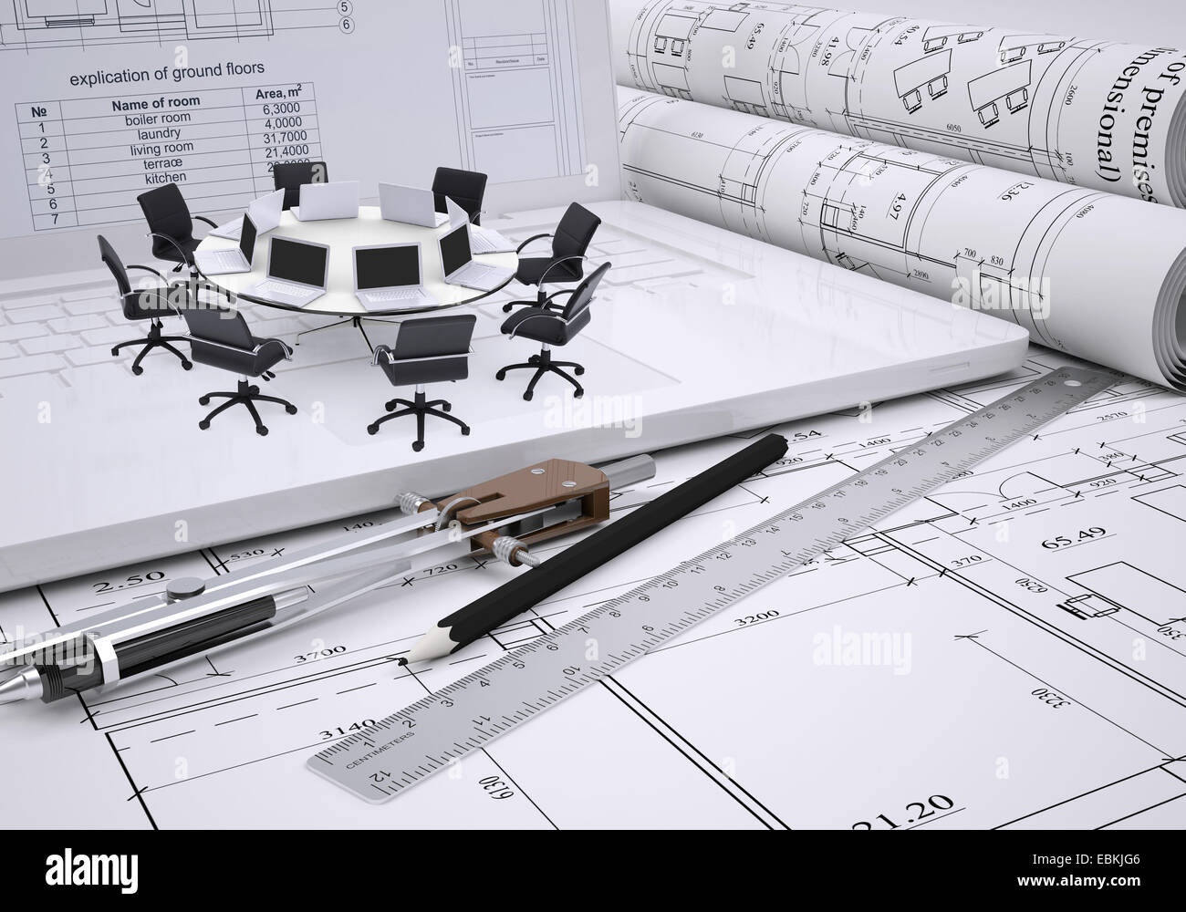Round table, compasses, scrolls, architectural drawing and laptop Stock ...