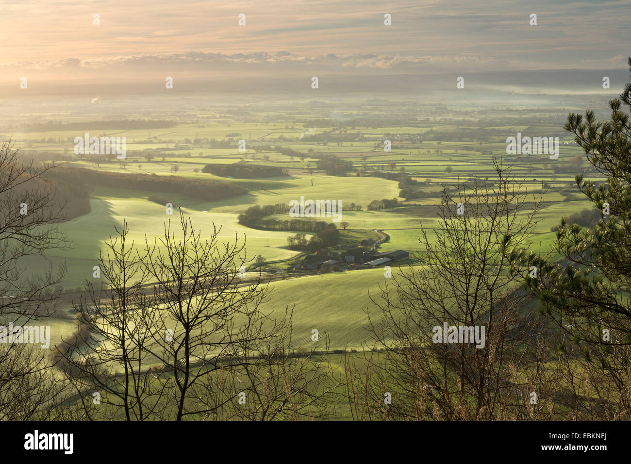 Green fields across the Vale of York viewed from Sutton Bank in North ...