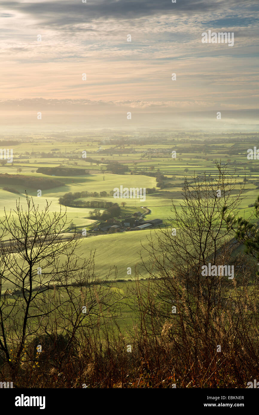 Green fields across the Vale of York viewed from Sutton Bank in North ...