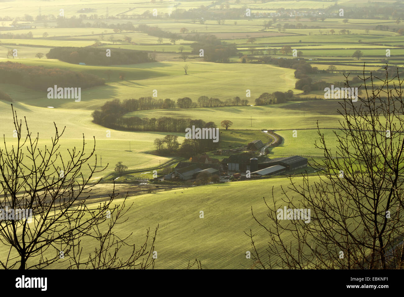 Green fields across the Vale of York viewed from Sutton Bank in North ...