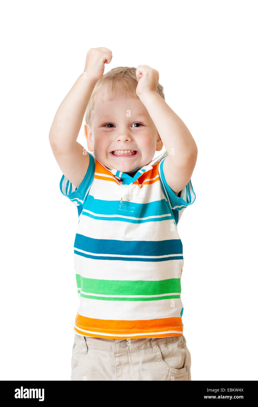child boy with hands up isolated on white background Stock Photo - Alamy