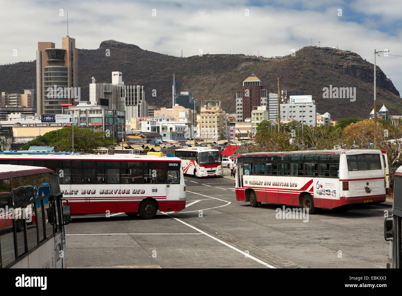 Mauritius, Port Louis, downtown city skyline from Bus Station, below ...