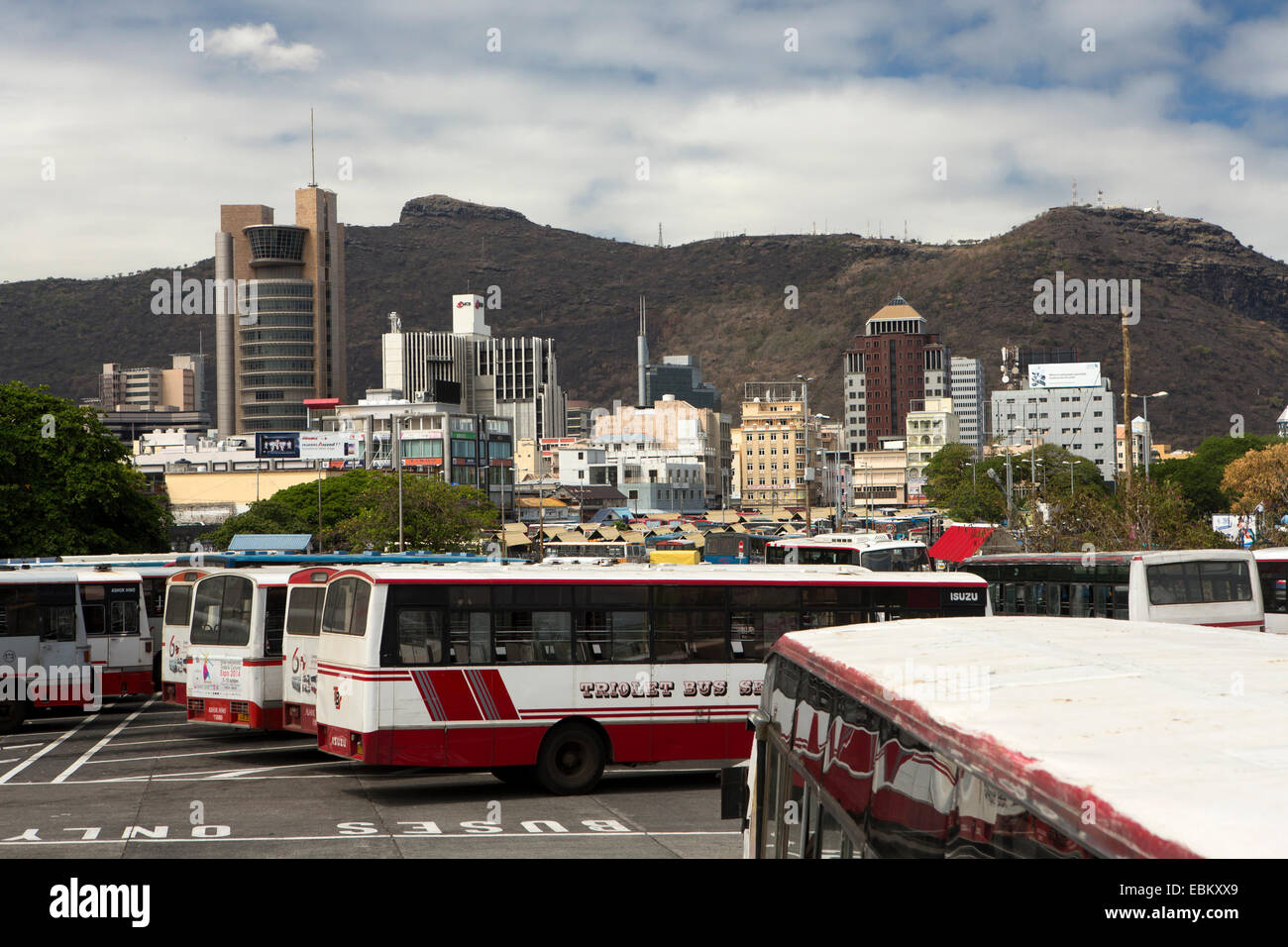 Mauritius, Port Louis, downtown city skyline from Bus Station, below ...