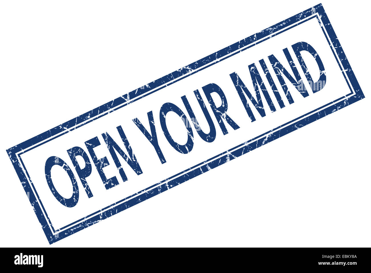 Open your mind blue square grungy stamp isolated on white background ...