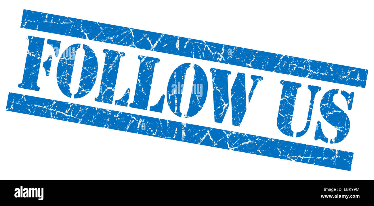 Follow us blue square grunge textured stamp isolated on white Stock ...