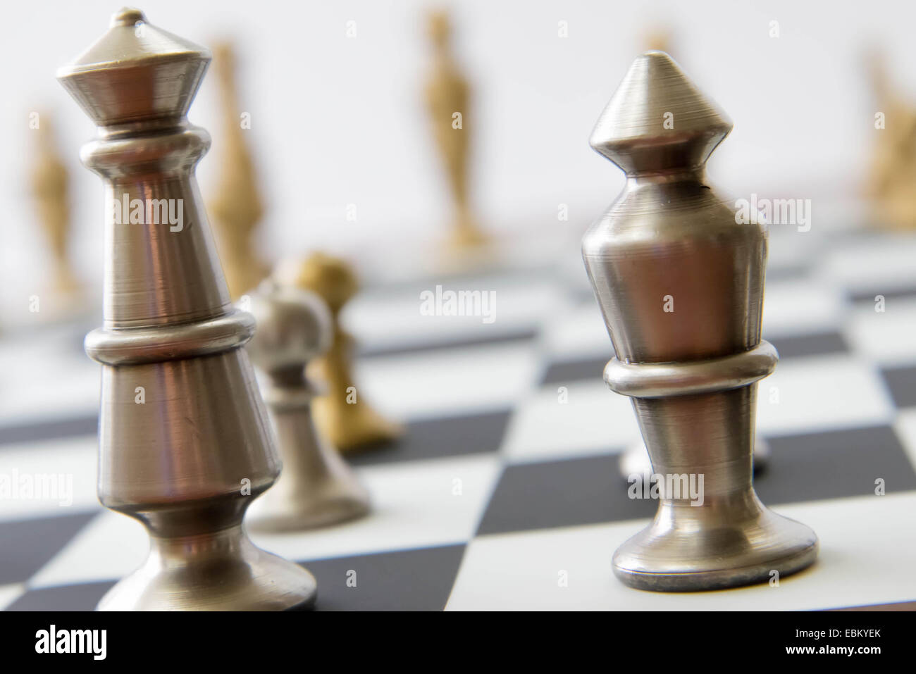 Classic chess game - - view of playing pieces on chessboard with ...