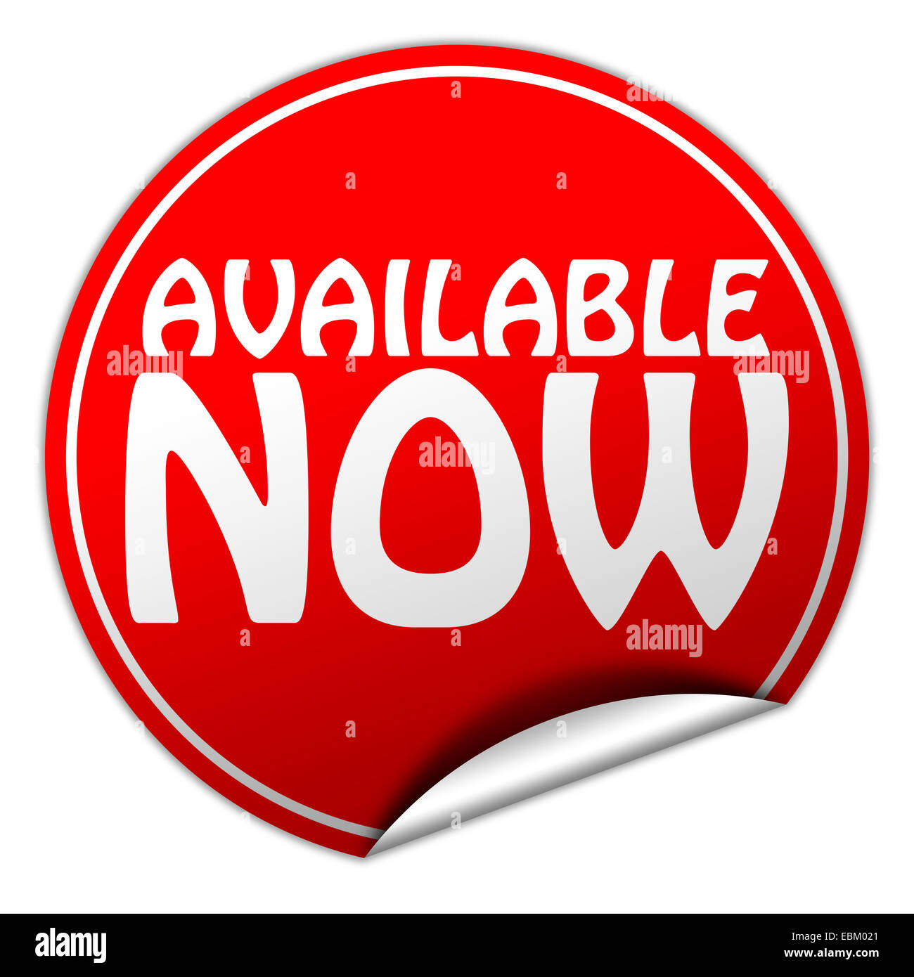 AVAILABLE NOW round red sticker on white background Stock Photo - Alamy