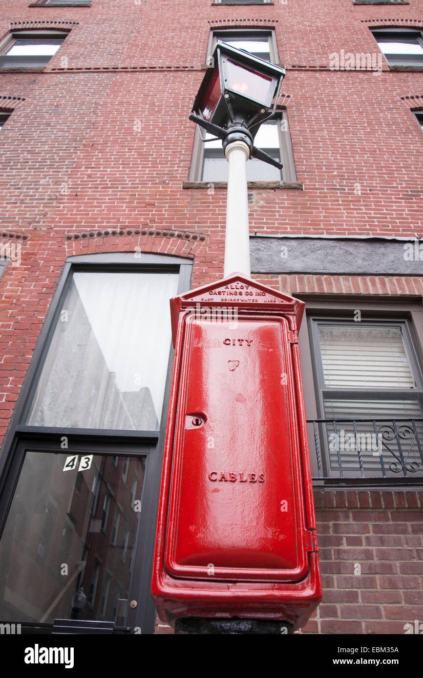 Utility cable box in Boston street. Red traditional box. junction point ...