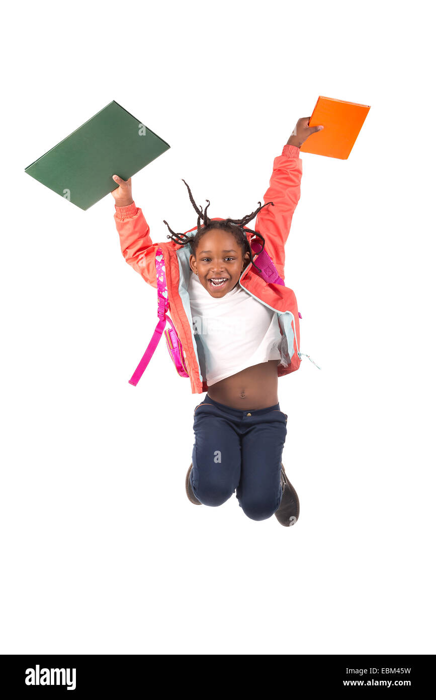 Young girl student jumping isolated in white Stock Photo - Alamy