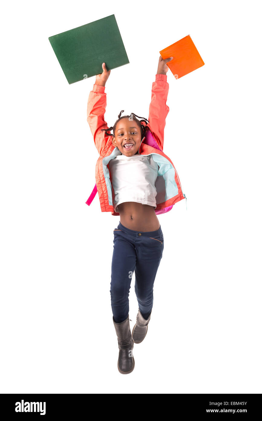 Young girl student jumping isolated in white Stock Photo - Alamy