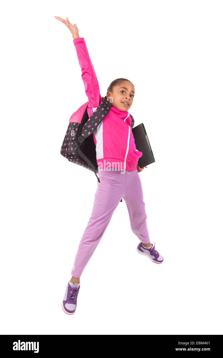 Young girl student jumping isolated in white Stock Photo - Alamy