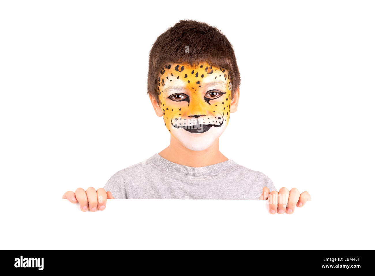 Boy with face-painted like a leopard isolated in white Stock Photo - Alamy