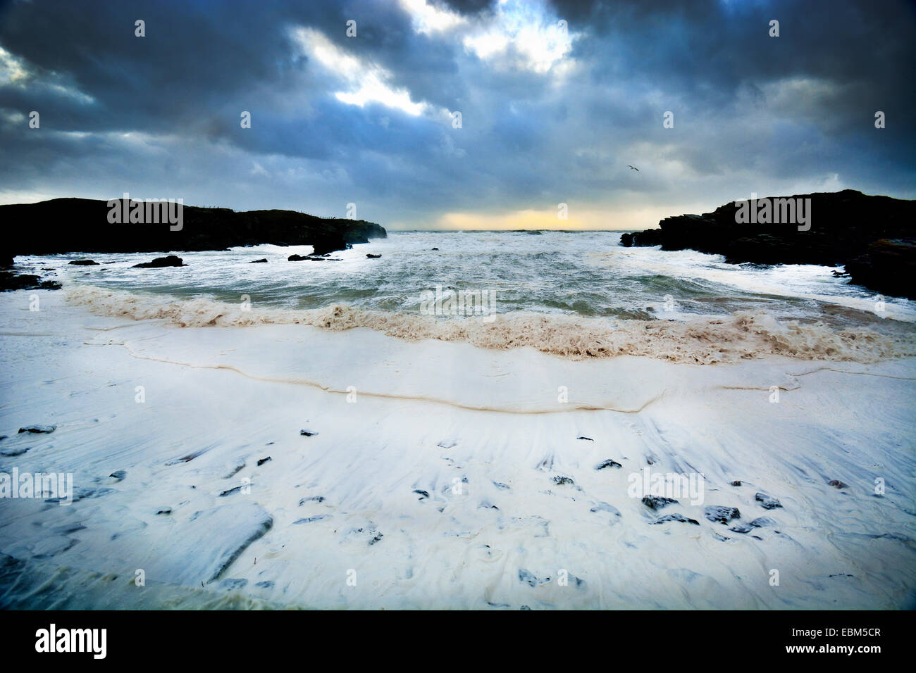 Rough seas and surf generate spindrift rolling in to Porth-Y-Post ...