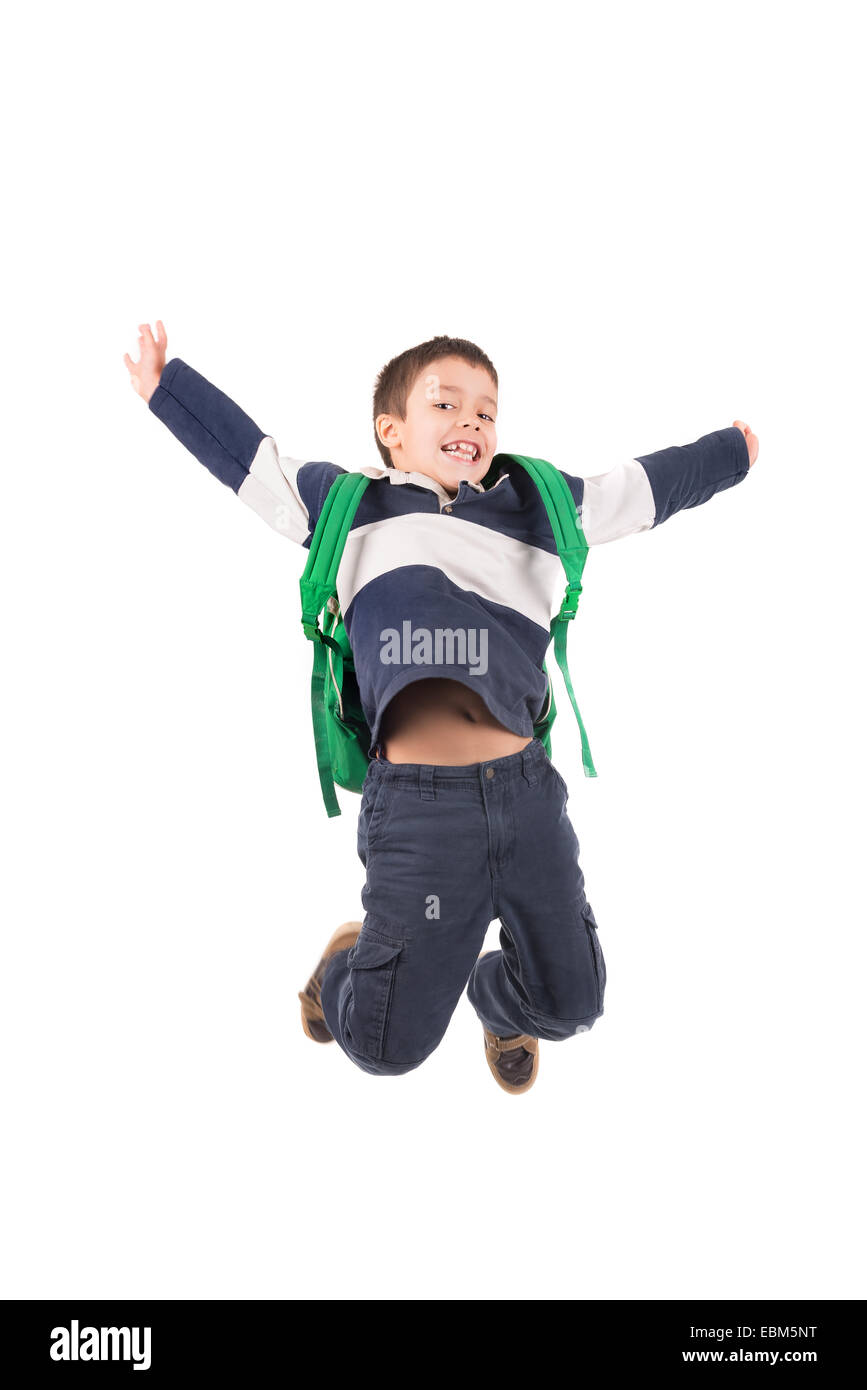 Young boy student jumping isolated in white Stock Photo - Alamy