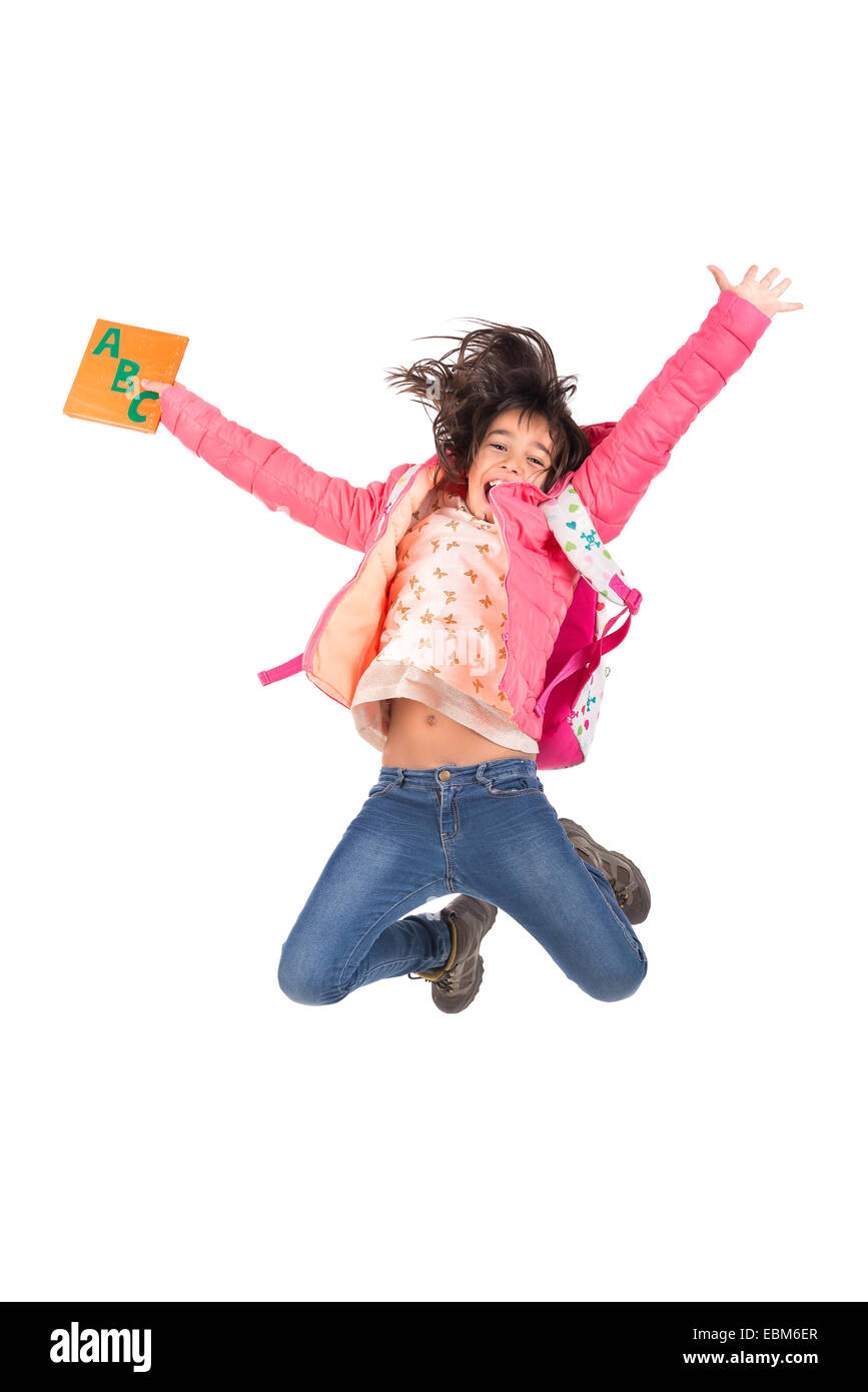 Young girl student jumping isolated in white Stock Photo - Alamy