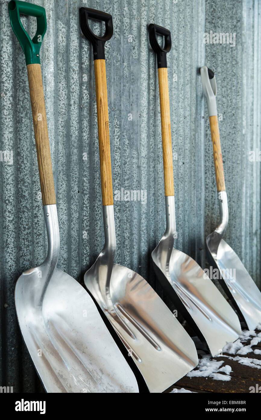 Snow shovels, Fritz Hut, Benedict Huts, near Aspen, Colorado USA Stock ...