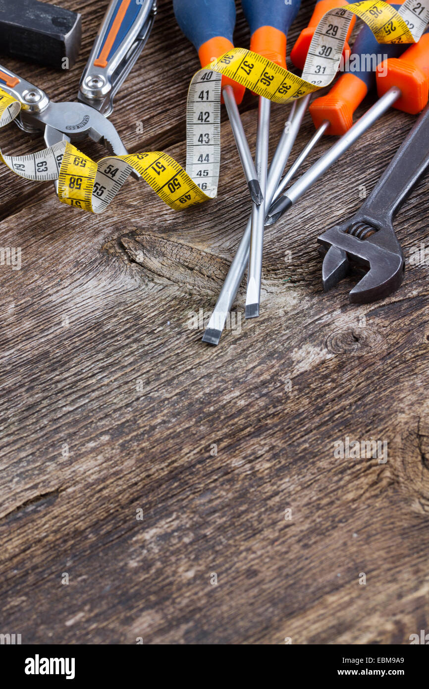 tools kit frame on wooden planks Stock Photo - Alamy