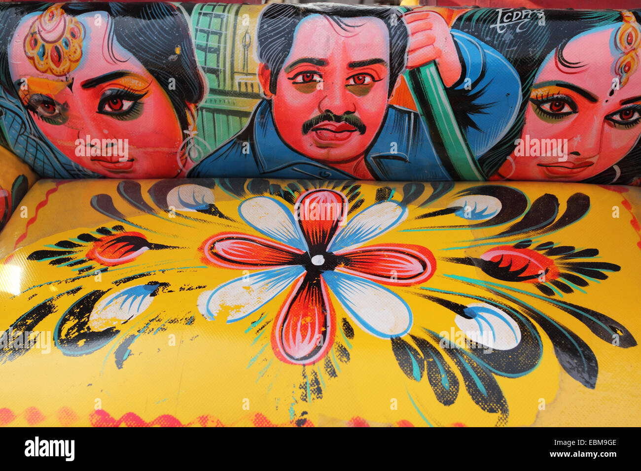 The colourful seat of a rickshaw in Dhaka, Bangladesh. The city has ...